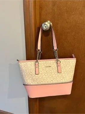 Calvin Klein | Bags | Calvin Klein Pink And Cream Logo Tote | Poshmark